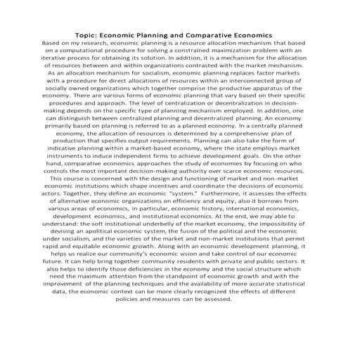 Economic Planning And Comparative Economics Docx