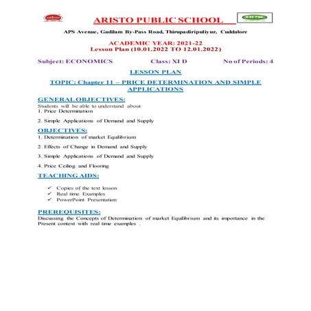 ECONOMICS - LESSON PLAN - CLASS 11 - CH 11 PRICE DETERMINATION.doc