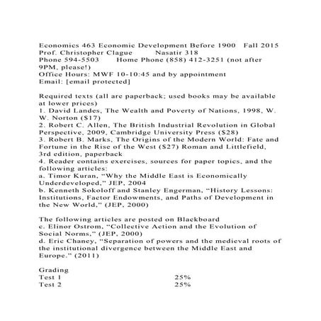 Economics 463 Economic Development Before 1900 Fall 2015Prof. .docx