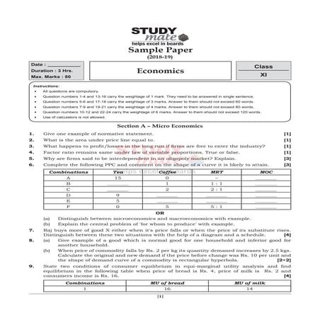 Economics Sample Paper Class 11 - Studymate | PDF