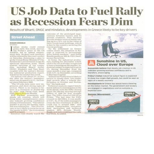 Economic times delhi - 6 feb12 - us job data to fuel rally as recession ...