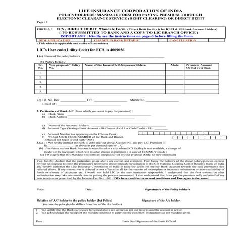 Mandate Form For Payment Of LICI Premium By ECS | DOC
