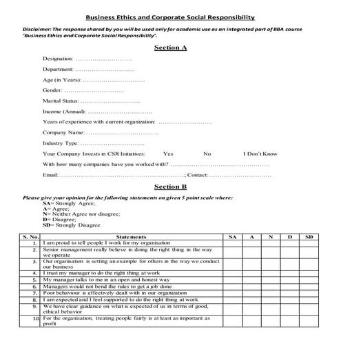 Ethics & Corporate Social Responsibility questionnaire | DOCX