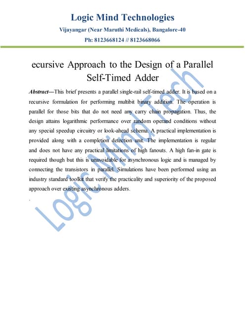 Ecursive Approach To The Design Of A Parallel Self Timed Adder Pdf