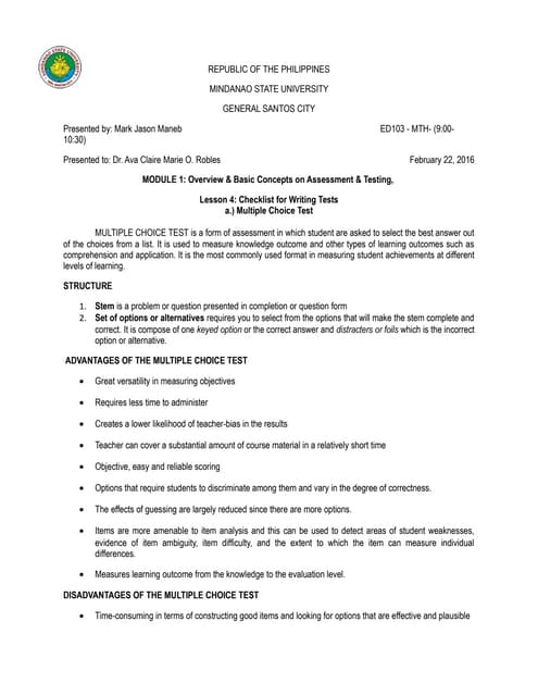 Guidelines Constructing Multiple Choice Test Items Pdf