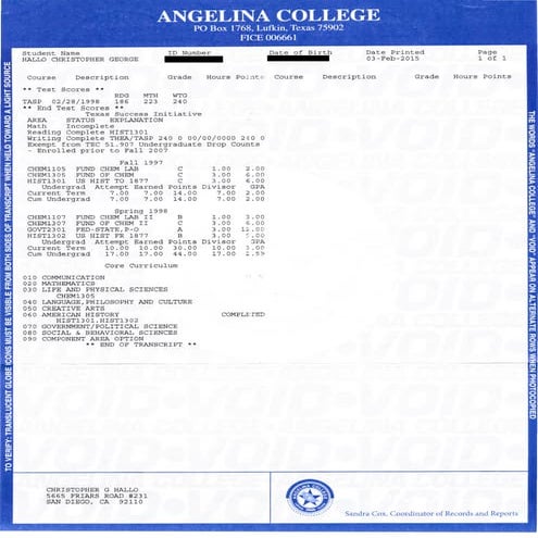 Angelina College Transcript | PDF