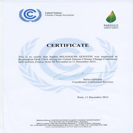 Certificate from the United Nations - COP21 | PDF