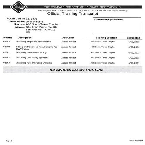 NCCER Transcripts 2 | PDF