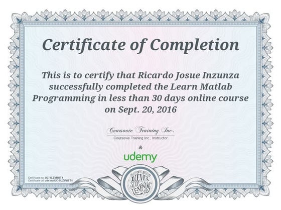 MatLab Course Certificate | PPT
