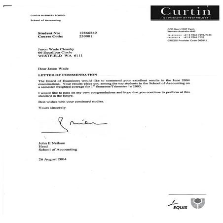 Curtin letter of commendation | PDF