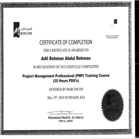 Certificate of completion, PMP training course | PDF