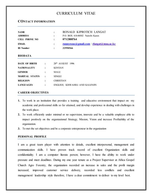 C.V ELIJAH MAINA | DOC | Business | Business and Finance