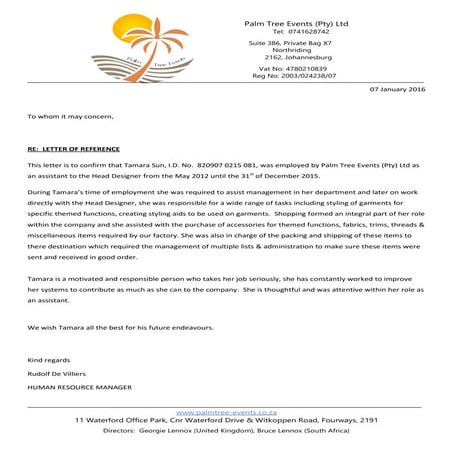 Palm Tree Events Reference Letter | PDF