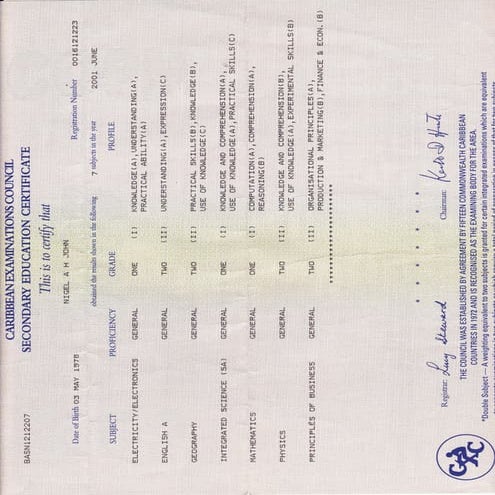 CXC Certificate - 2001 | PDF