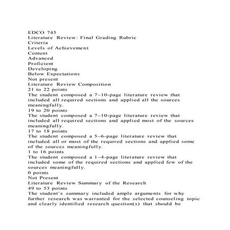 EDCO 745Literature Review Final Grading Rubric CriteriaLeve | PDF