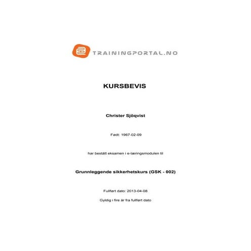 CourseCertificate Grunnleggende sikkerhetskurs OLF | PDF