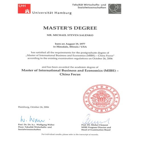 Hamburg MIBE Degree Certificate (Oct. 2006) | PDF