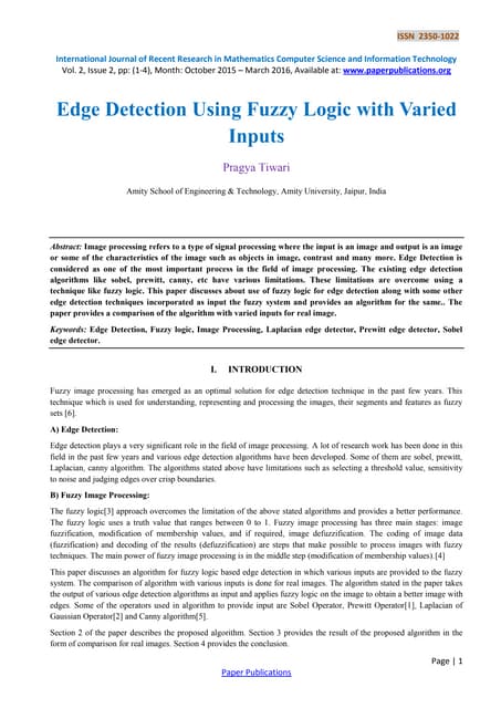 Edge Detection Using Fuzzy Logic With Varied Inputs Pdf
