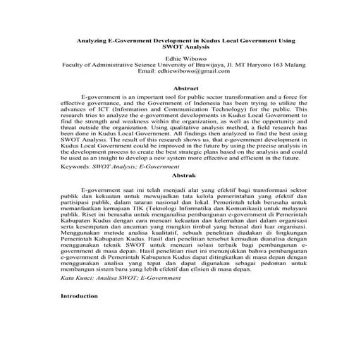 Analyzing E-Government Development in Kudus Local Government Using SWOT ...