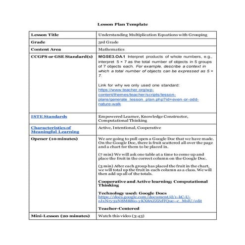 3rd Grade Mathematics Lesson Plan | DOCX