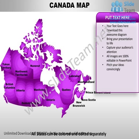 Editable canada power point map with capital and flag templates slides ...
