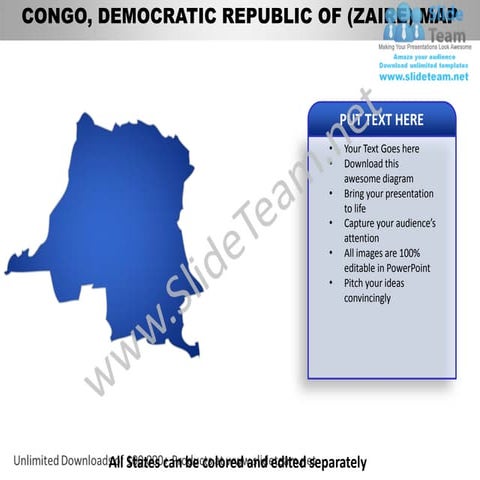 Editable congo, democratic power point map with capital and flag ...