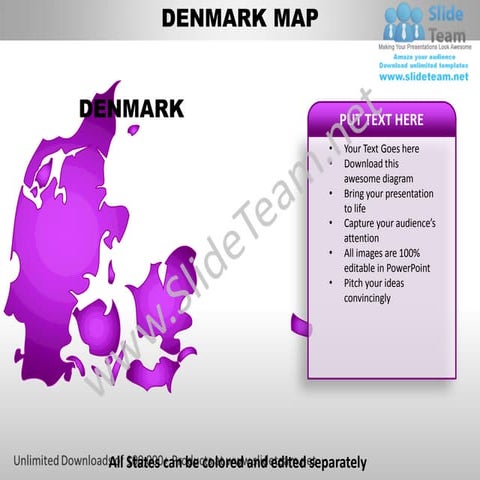 Editable denmark power point map with capital and flag templates slides ...