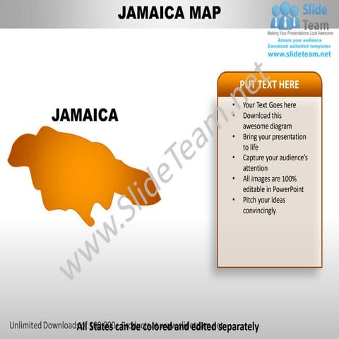Editable jamaica power point map with capital and flag templates slides ...