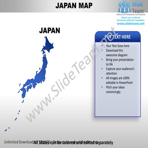 Editable japan power point map with capital and flag templates slides ...