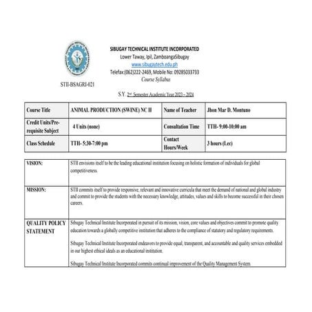 EDITED ANIMAL PRODUCTION (SWINE) SYLLABUS.docx
