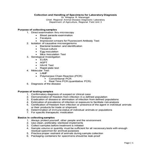 Collection and Handling of Specimens for Laboratory Diagnosis | DOCX