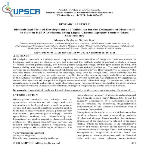 Bioanalytical Method Development And Validation For The Estimation Of Metoprolol In Human K2edta