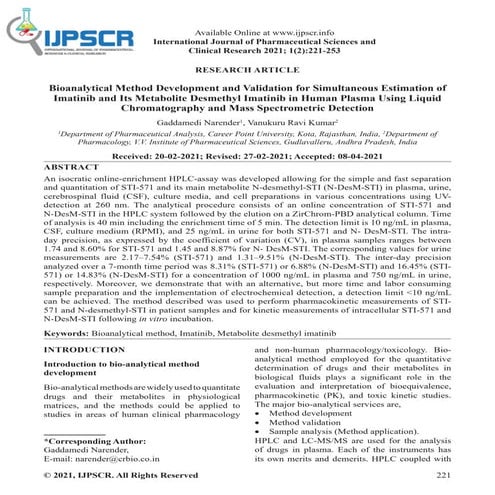 Bioanalytical Method Development And Validation For Simultaneous Estimation Of Imatinib And Its