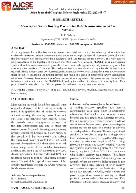 A Survey On Secure Routing Protocol For Data Transmission In Ad Hoc
