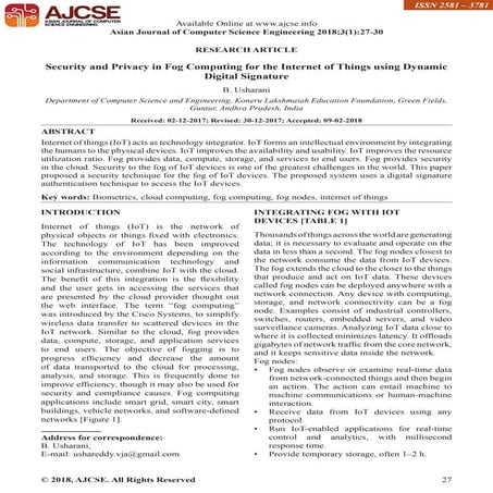Efficient ECC-Based Authentication Scheme for Fog-Based IoT Environment | PDF