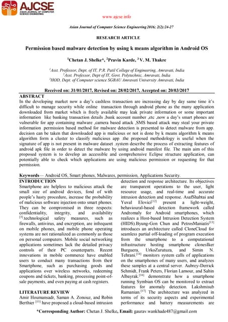 Permission Based Malware Detection By Using K Means Algorithm In Android Os Pdf