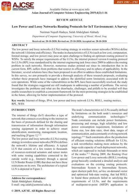 Rpl Routing Protocol For Low Power And Lossy Networks Pdf Computer Networking Computing