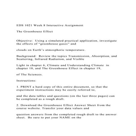 EDS 1021 Week 8 Interactive Assignment The Greenhouse Effe.docx