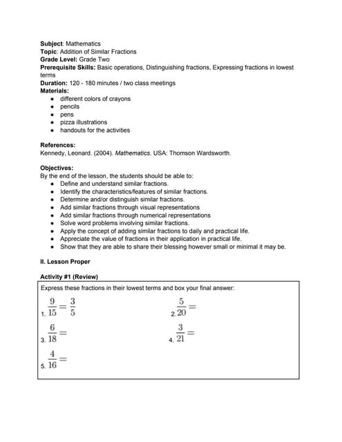 COT LESSON PLAN ADDING AND SUBTRACTING SIMILAR FRACTIONS - EXPLICIT | PDF
