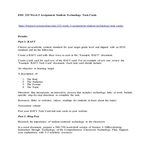 Edu 225 week 5 assignment student technology task cards | PDF