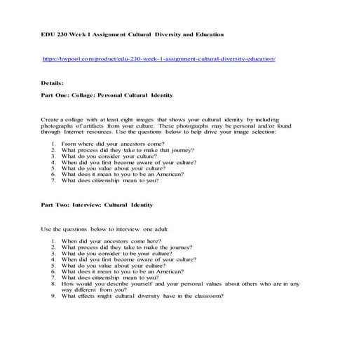 Edu 230 week 1 assignment cultural diversity and education | DOCX