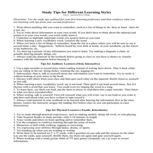 Edu 3033 study tips for different learning styles | PDF