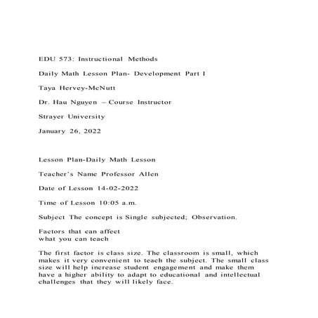 EDU 573 Instructional MethodsDaily Math Lesson Plan- Deve | PDF