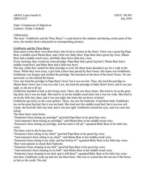 goldilocks and the three bears (worksheet) | PDF