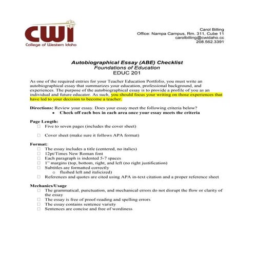 Autobiographic Essay (ABE) Checklist | PDF