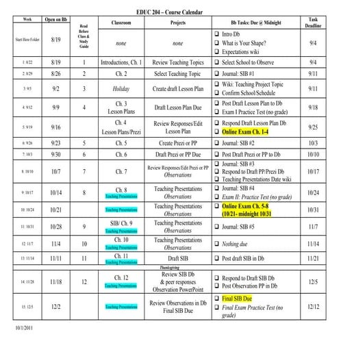 Educ 204 Course Calendar FA2011_updated 0912 | DOC | Educational ...