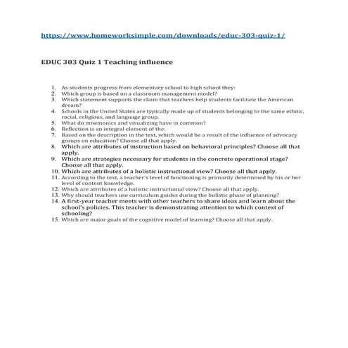 EDUC 303 Quiz 1 Teaching influence Liberty Answers | DOCX