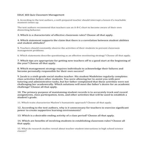EDUC 303 Quiz Classroom Management Homeworksimple | DOCX