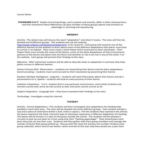 Educ373 Week Long Lesson Plan | DOCX