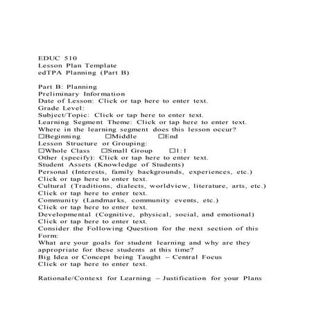 EDUC 510Lesson Plan Template edTPA Planning (Part B)Pa | DOCX